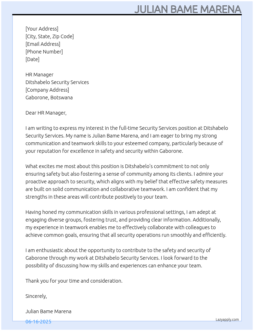 Cover letter for security services - LazyApply