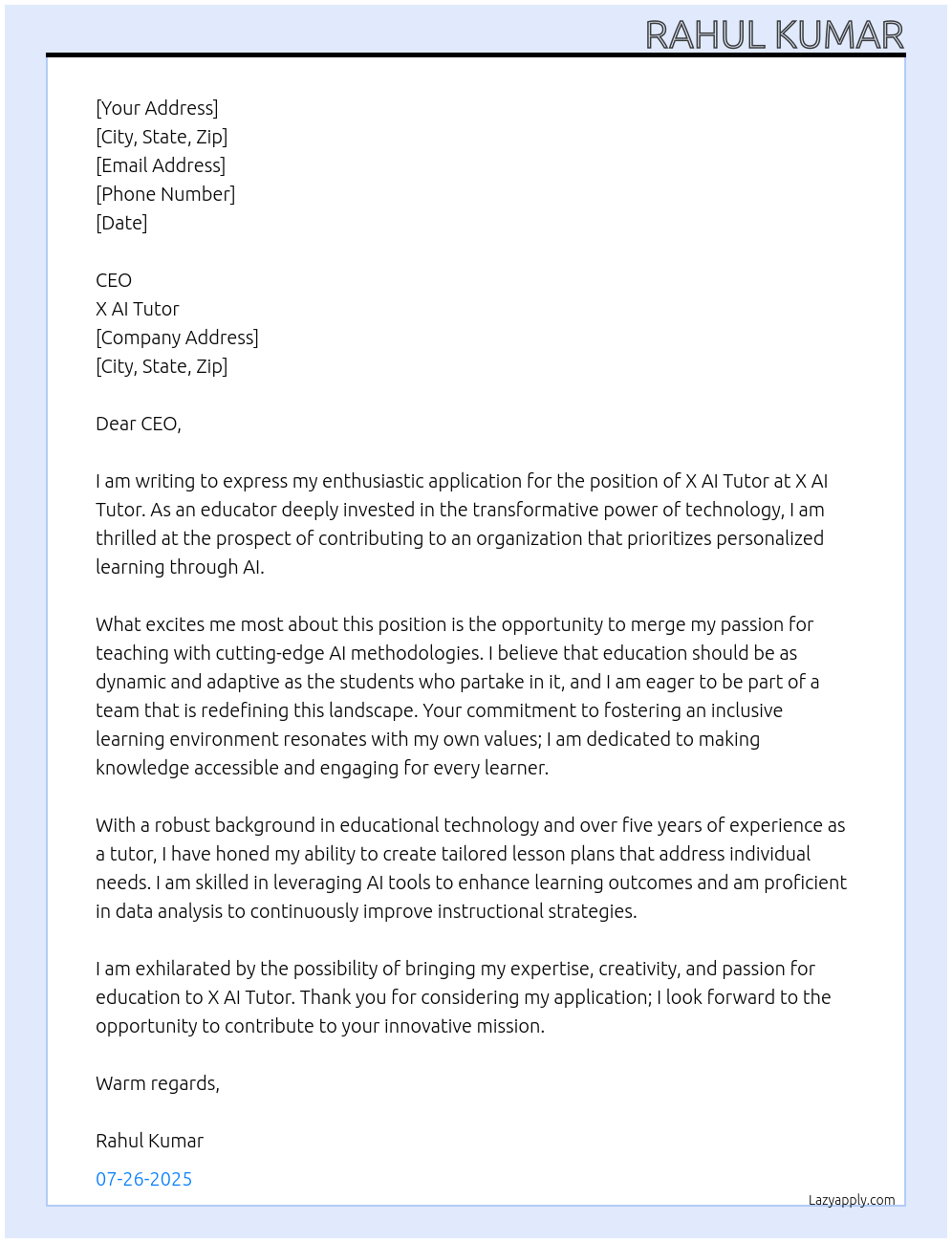 Cover letter for x ai tutor - LazyApply