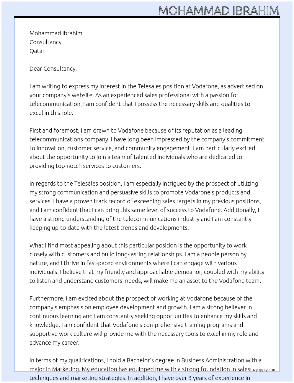 Cover letter for telesales - LazyApply