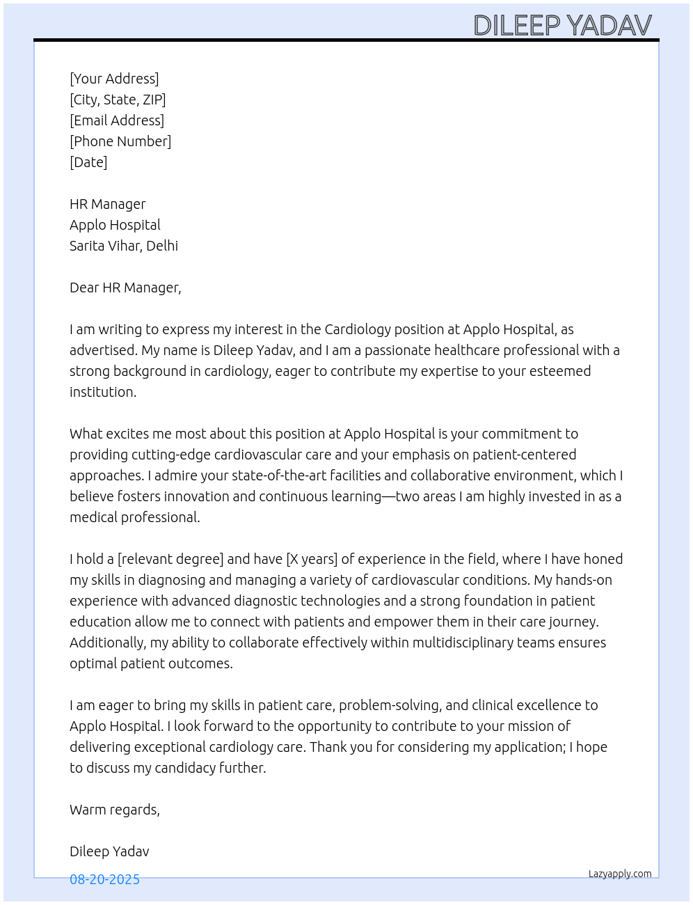 Cover letter for cardiology - LazyApply