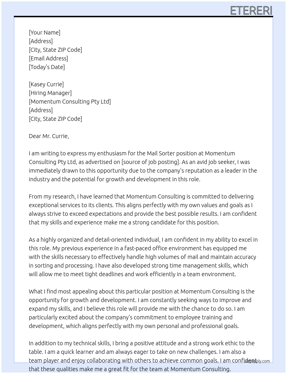 Cover letter for mail sorter - LazyApply