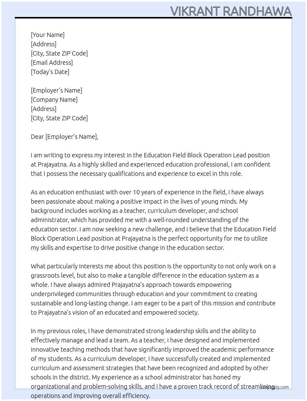 Cover letter for education field - LazyApply