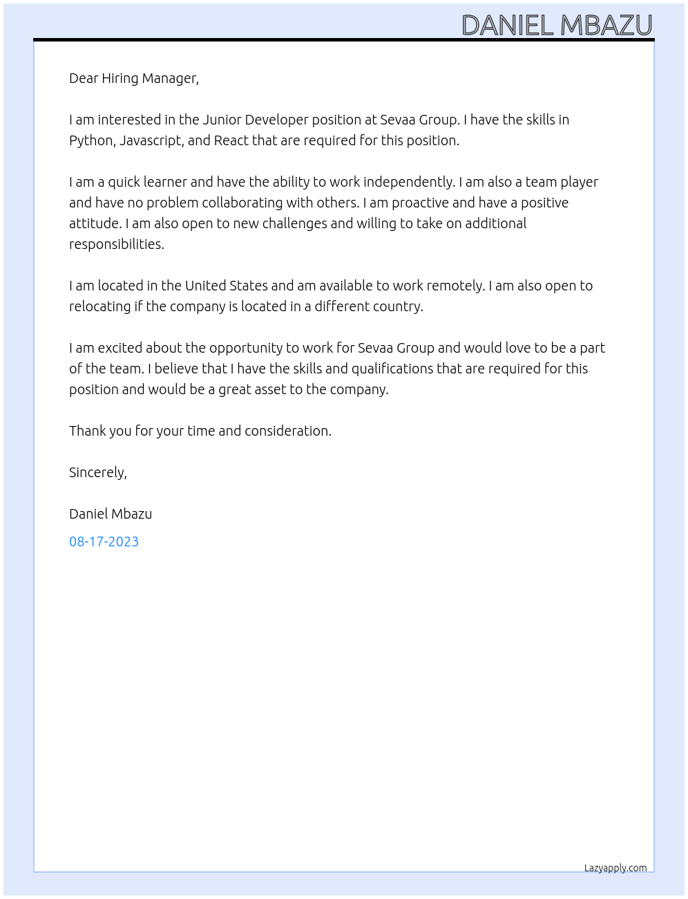 Cover letter for junior developer - LazyApply