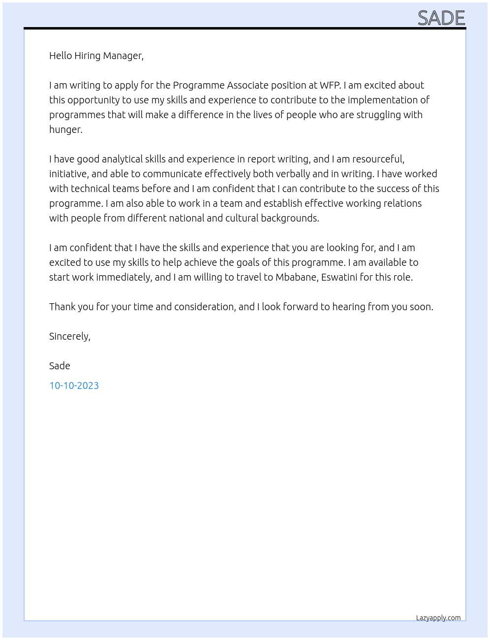 Cover letter for programme associate - LazyApply