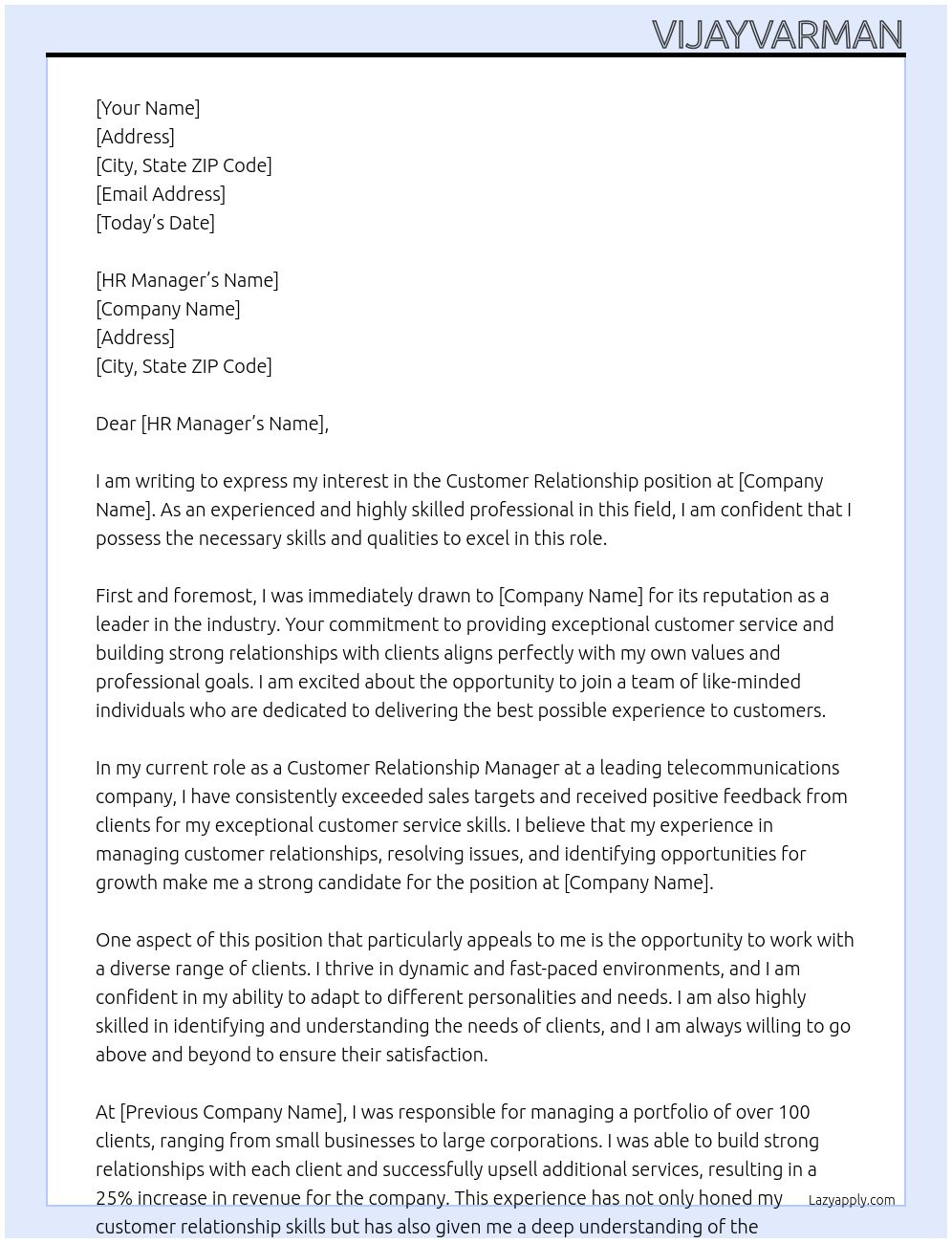 Cover letter for customer relationship - LazyApply