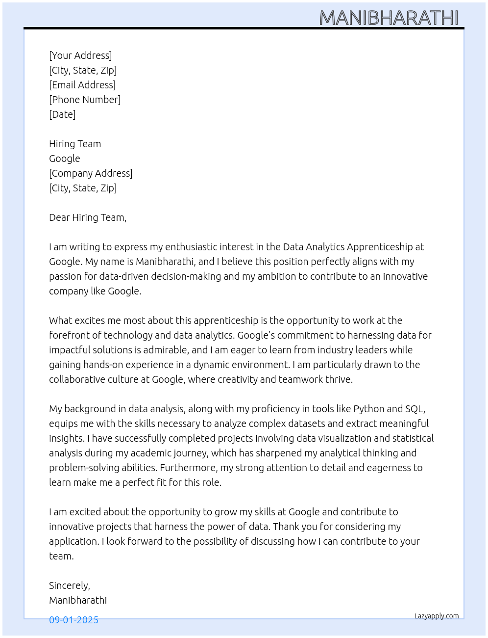 Cover letter for google - LazyApply