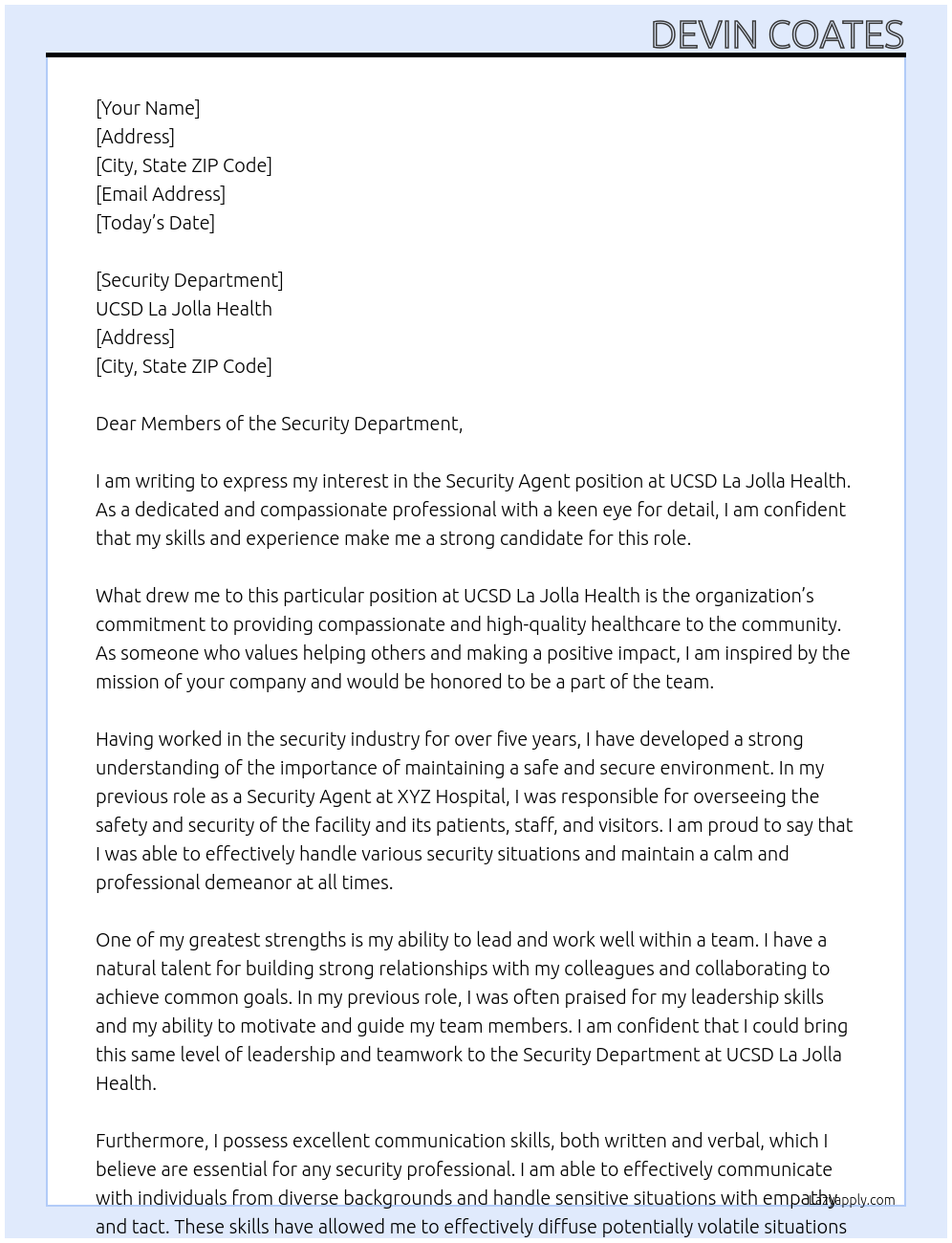 Cover letter for security agent - LazyApply