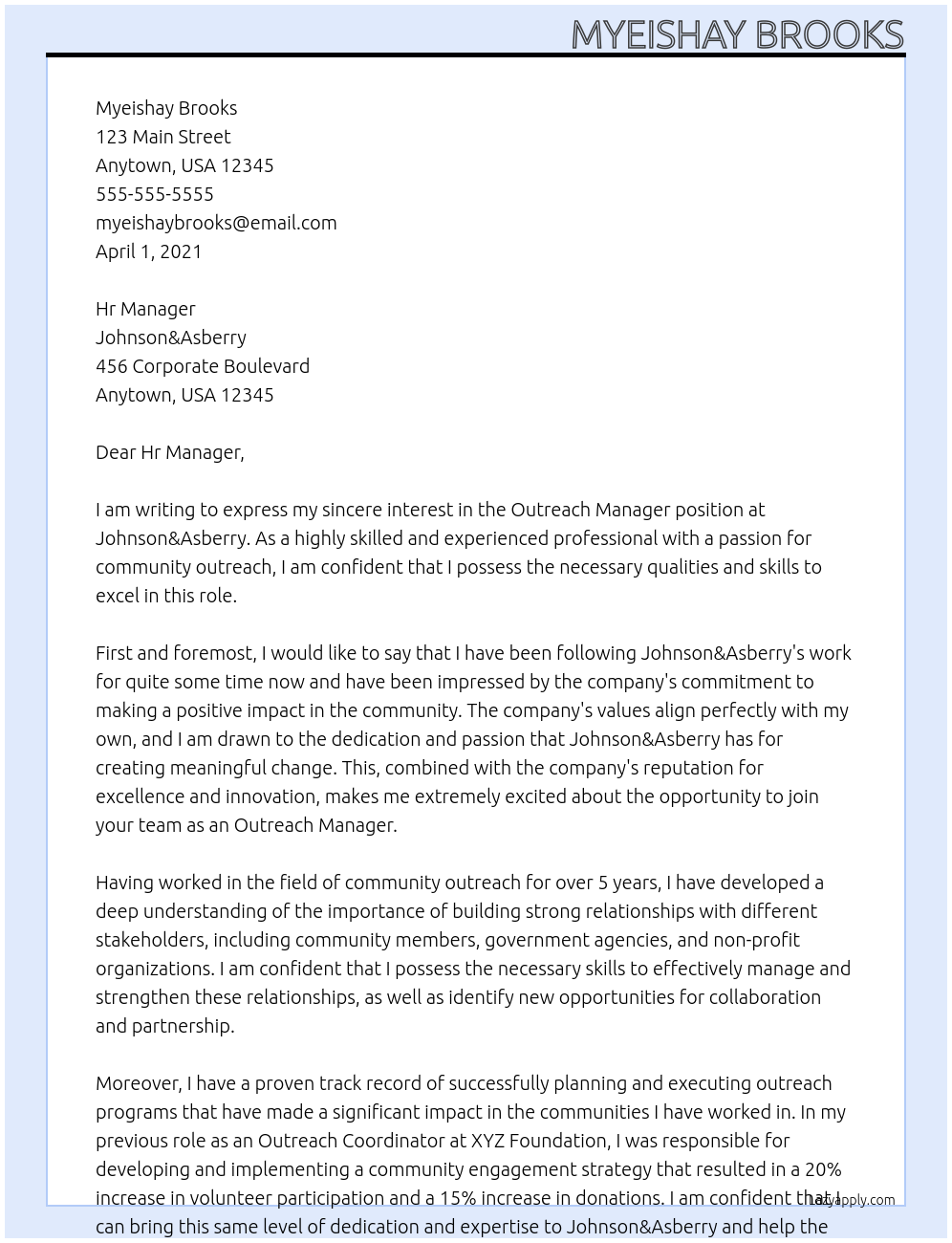 Cover letter for outreach manager - LazyApply