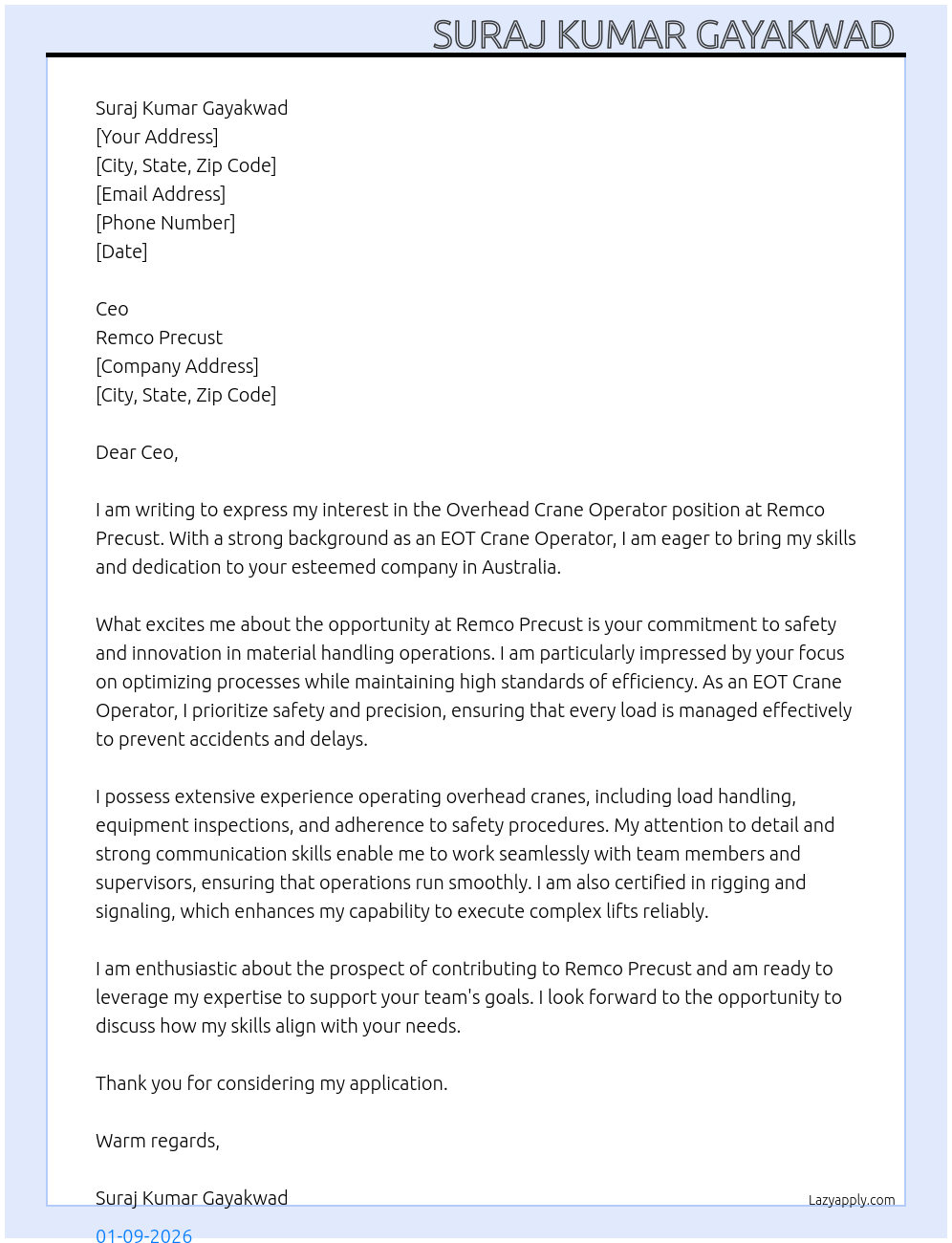 Cover letter for overhead crane operator - LazyApply