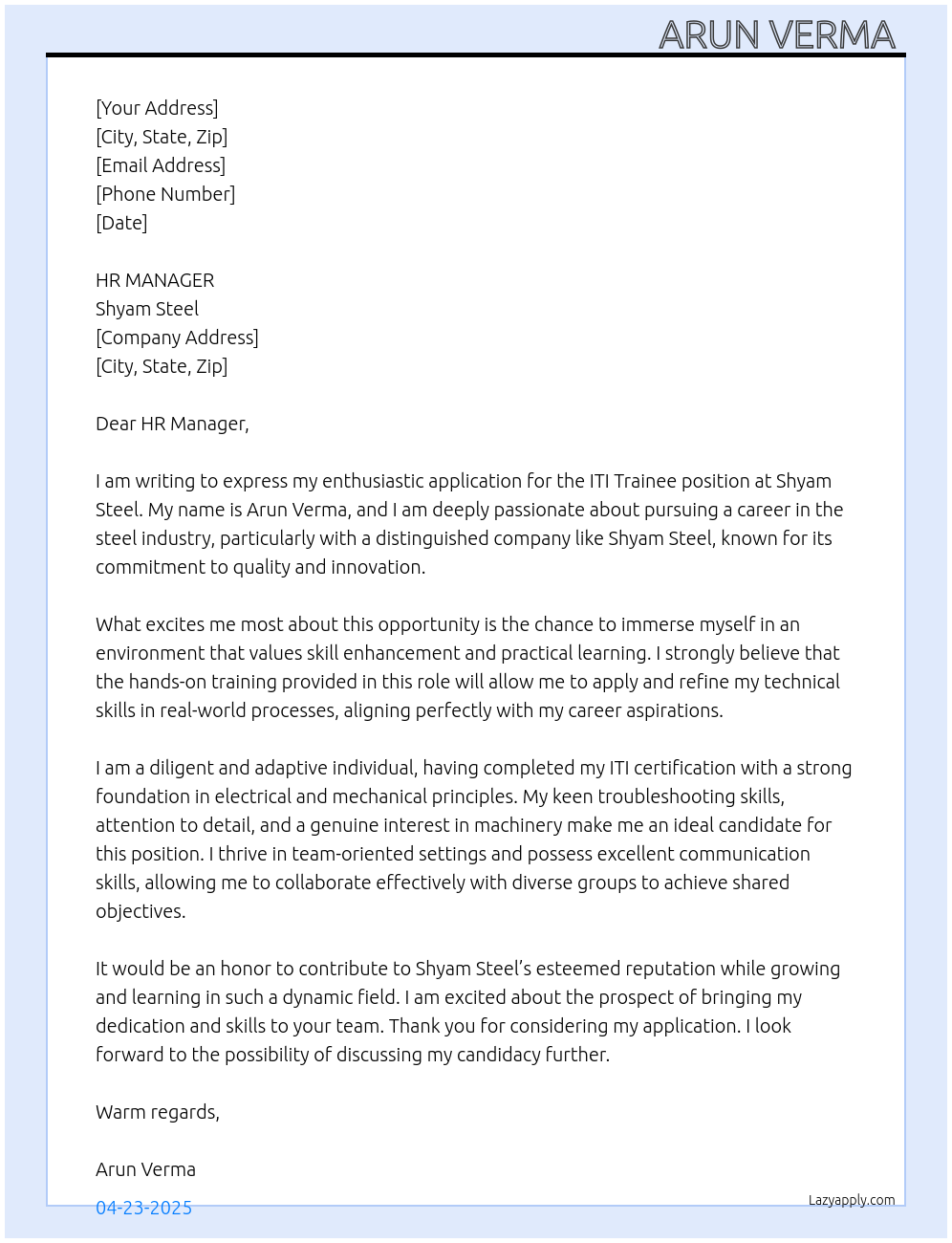 Cover letter for iti trainees - LazyApply