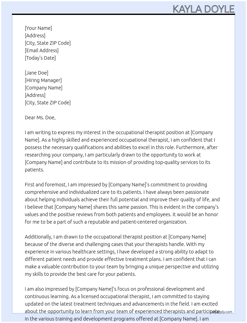 Cover letter for occupational therapist - LazyApply