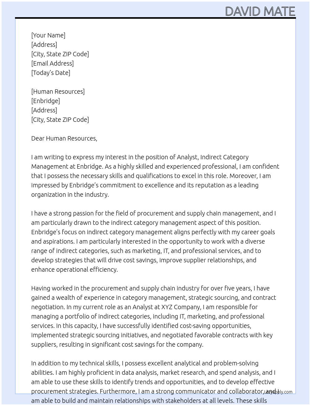 Cover letter for analyst, indirect category management - LazyApply