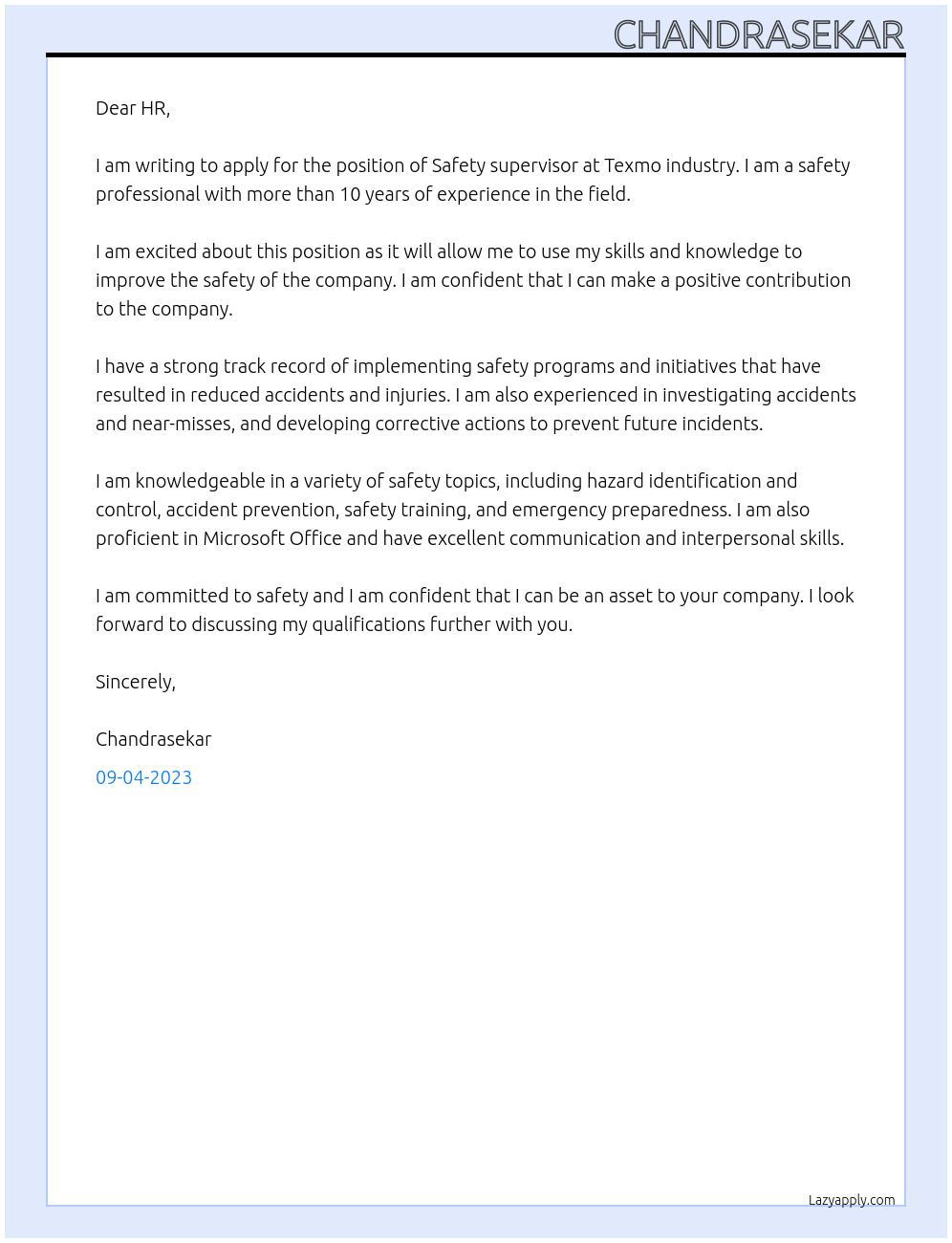 Cover letter for safety supervisor - LazyApply