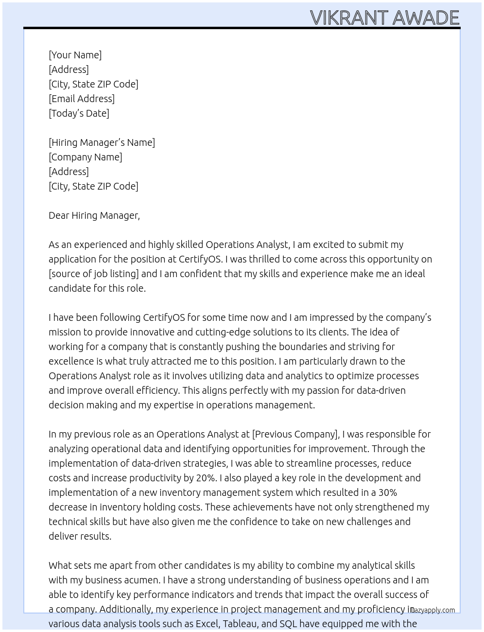 Cover letter for operation analyst - LazyApply