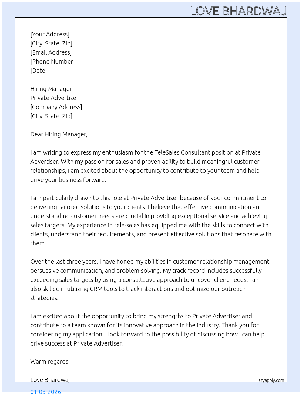 Cover letter for telesales consultant - LazyApply
