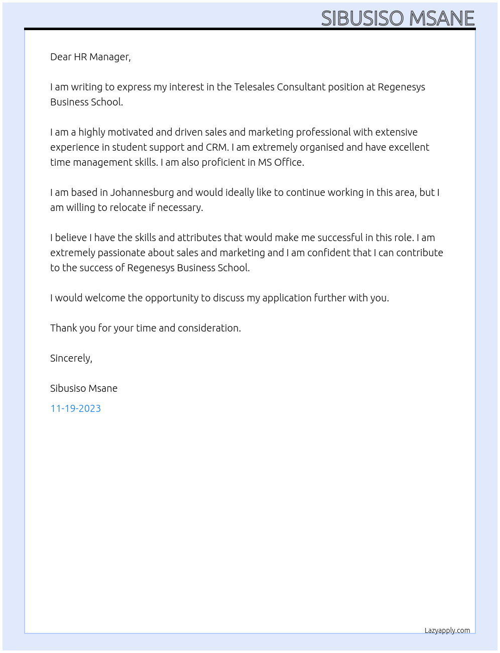 Cover letter for telesales consultant - LazyApply