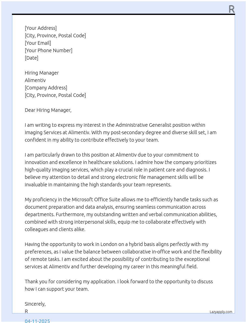 Cover letter for administrative generalist - imaging services - LazyApply