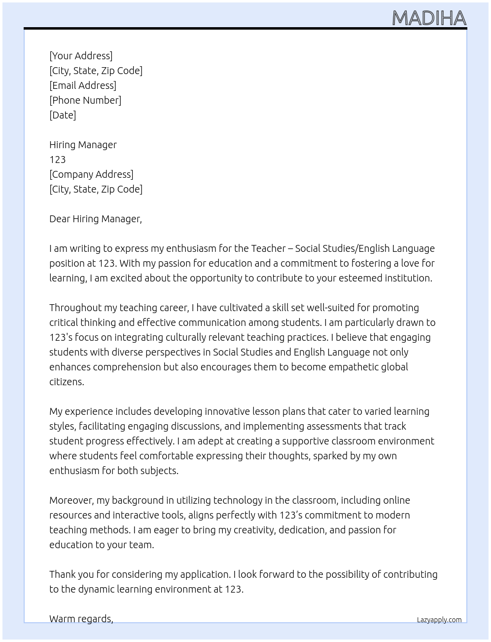 Cover letter for teacher - social studies/english language - LazyApply