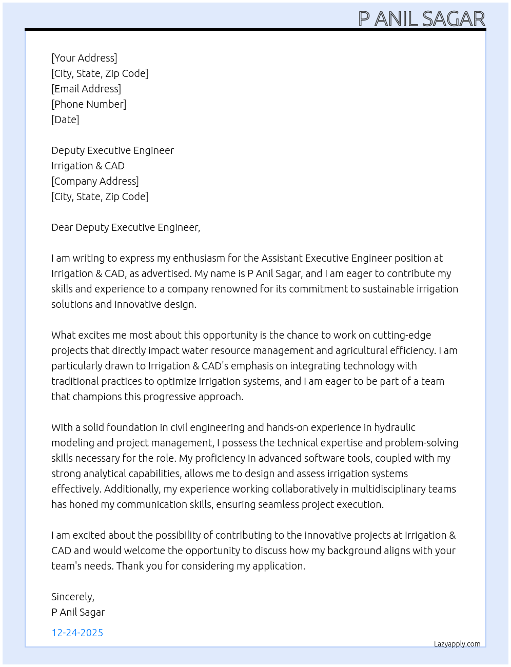 Cover letter for assistant executive engineer - LazyApply