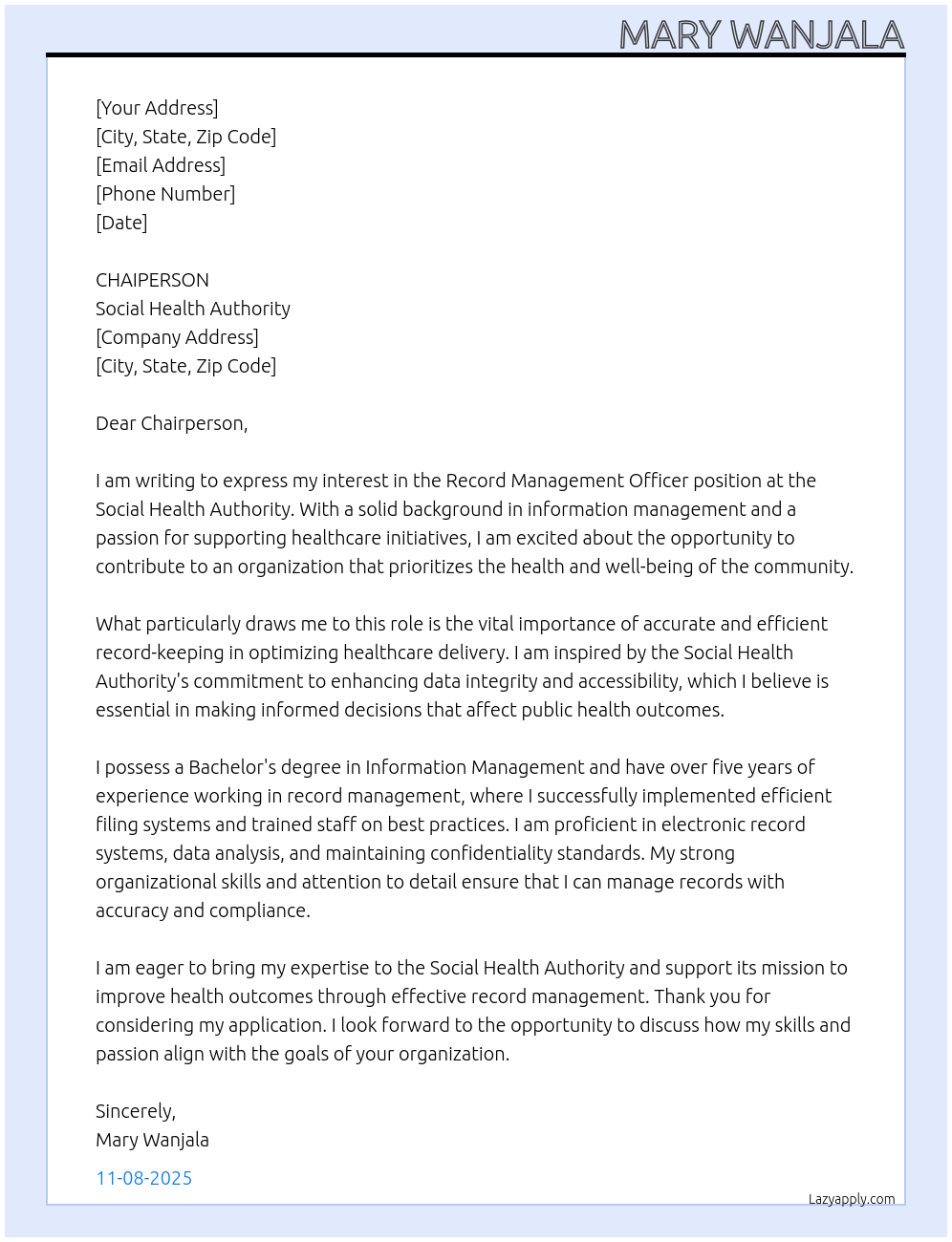 Cover letter for record management officer - LazyApply