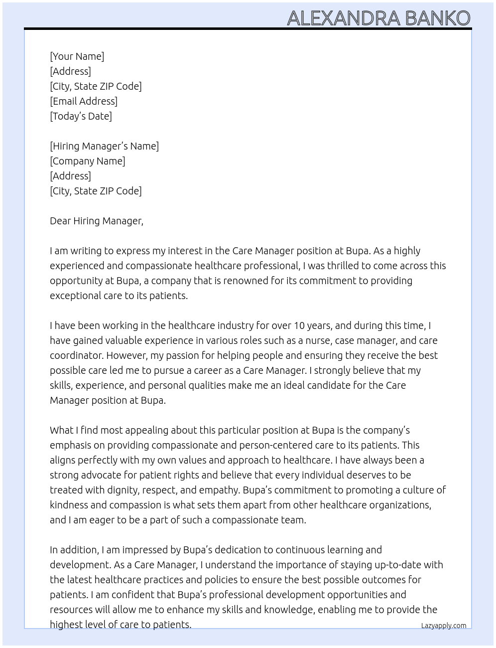 Cover letter for care manager - LazyApply