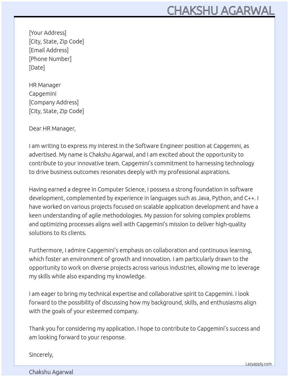 Cover letter for Capgemini - LazyApply