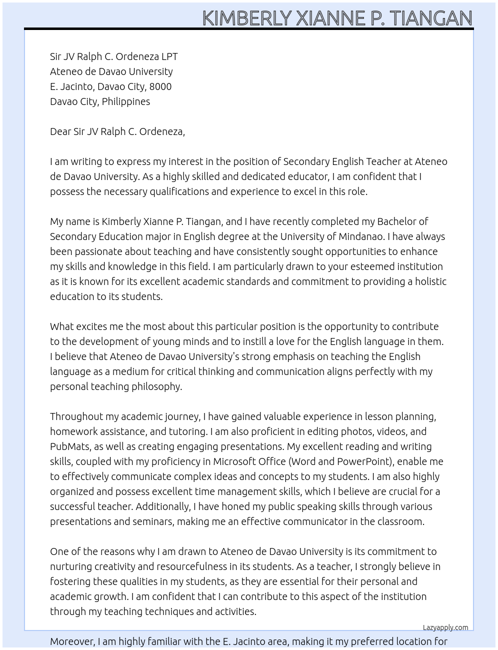 Cover letter for secondary english teacher - LazyApply