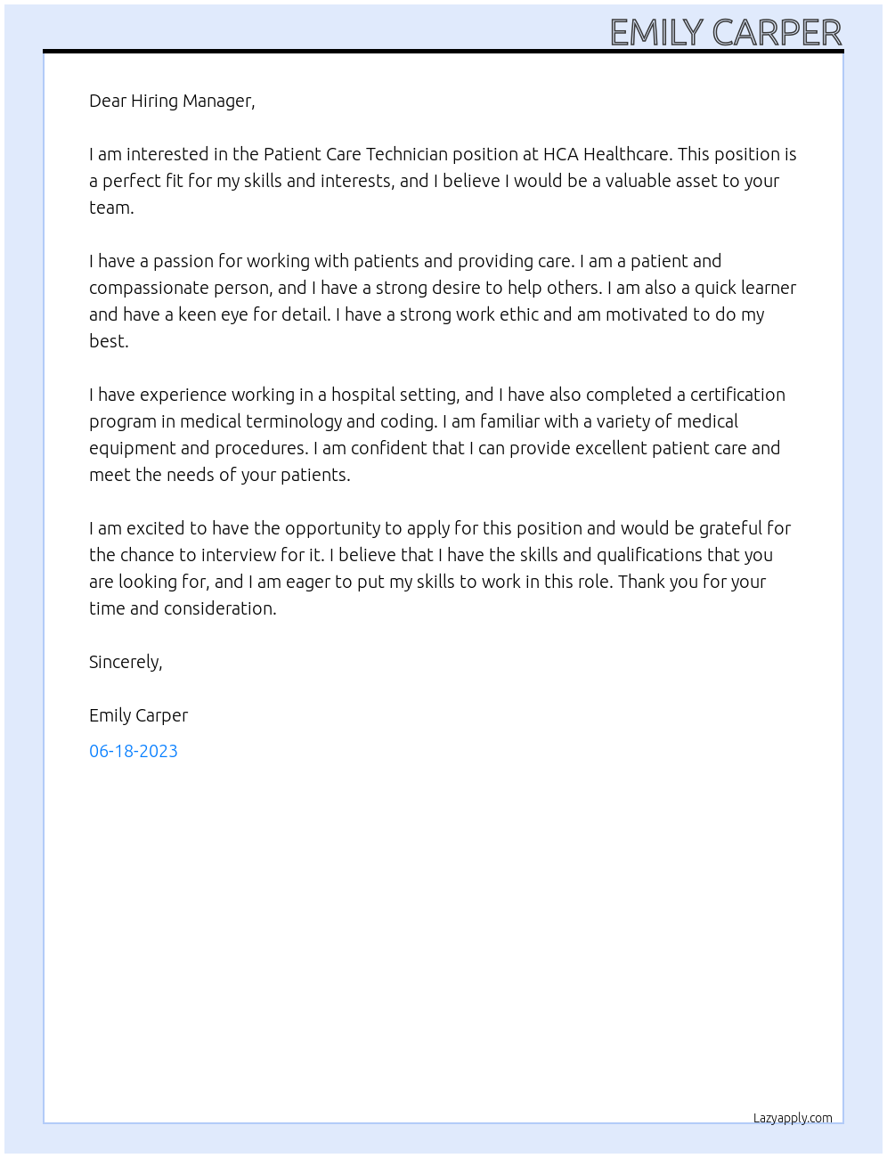 Cover letter for patient care technician - LazyApply