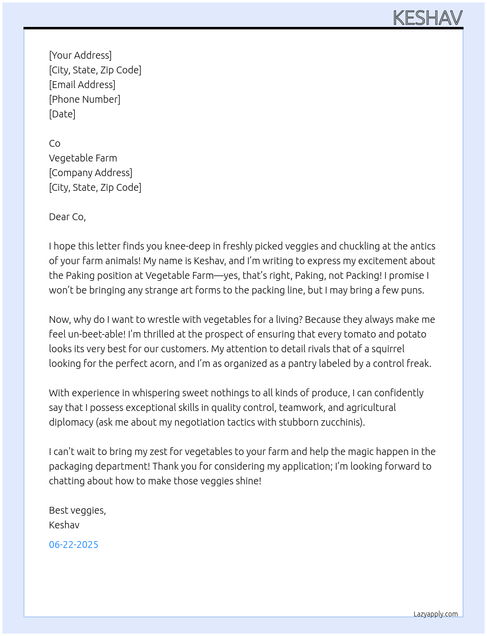 Cover letter for paking - LazyApply