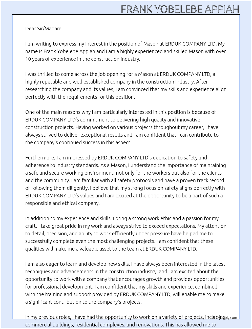 Cover letter for mason - LazyApply