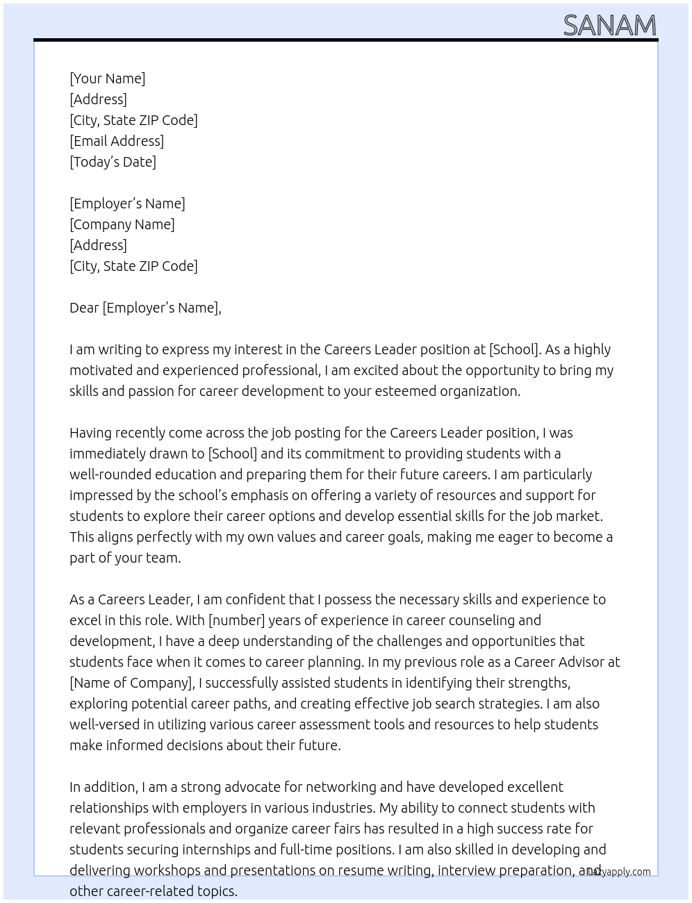 Cover letter for careers leader - LazyApply