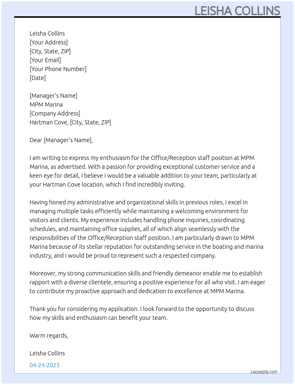 Cover letter for office/reception staff - LazyApply