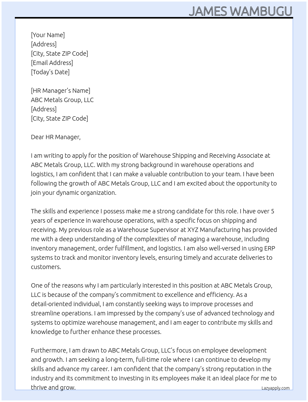 Cover letter for warehouse shipping and receiving associate - LazyApply