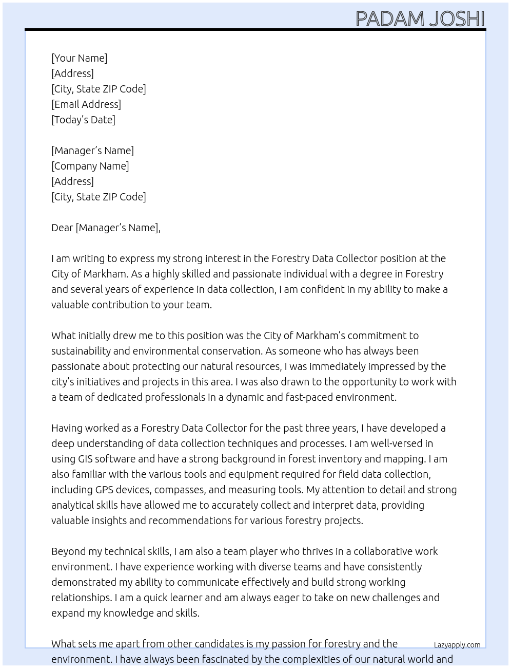 Cover letter for forestry data collector - LazyApply