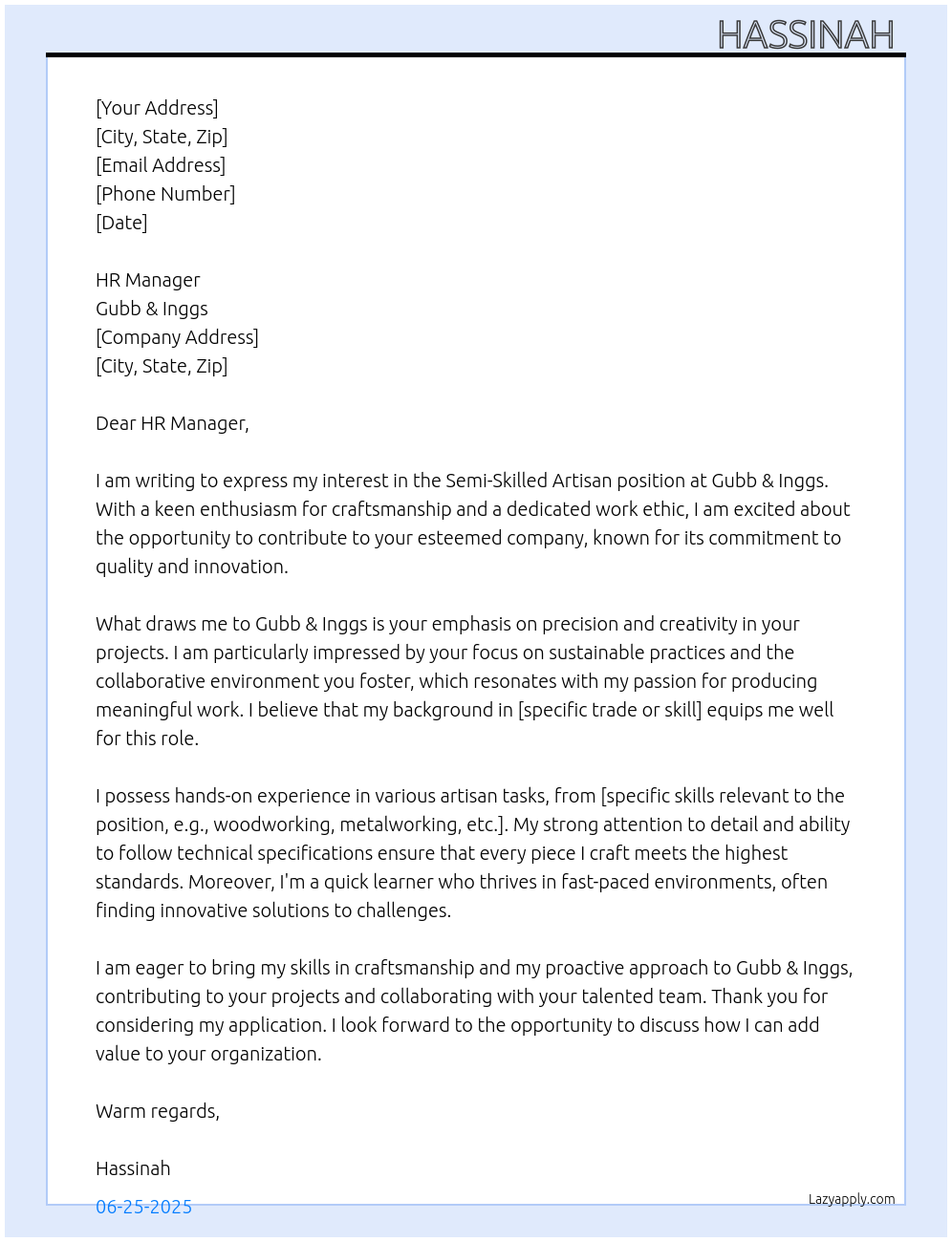 Cover letter for semi-skilled artisan - LazyApply