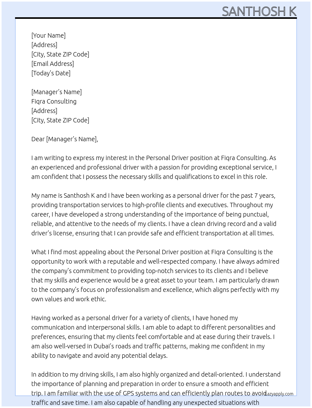 Cover letter for personal driver - LazyApply