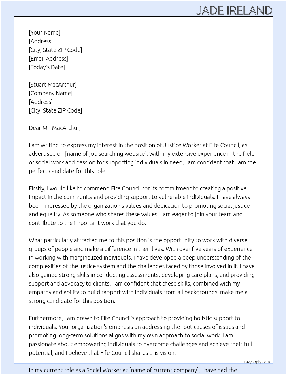 Cover letter for justice worker - LazyApply