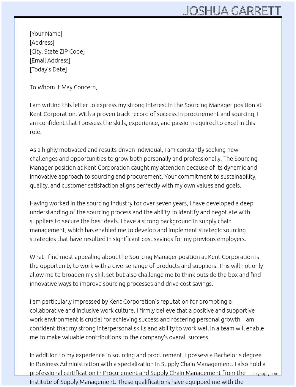 Cover letter for sourcing manager - LazyApply