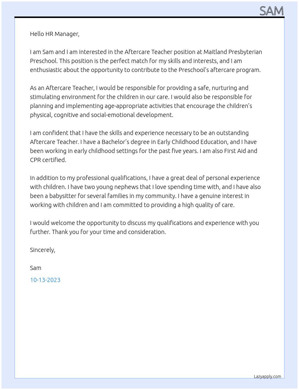 Cover letter for aftercare teacher - LazyApply