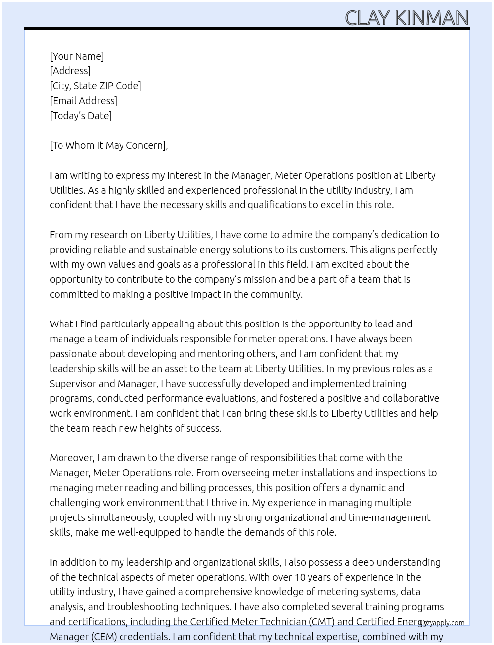 Cover letter for manager, meter operations - LazyApply