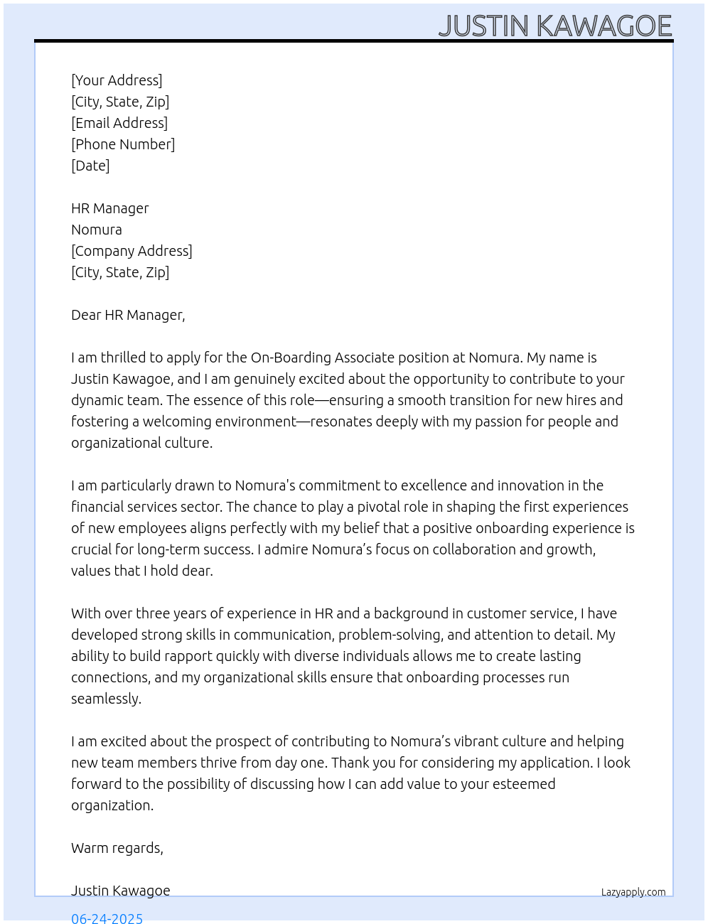 Cover letter for on-boarding associate - LazyApply