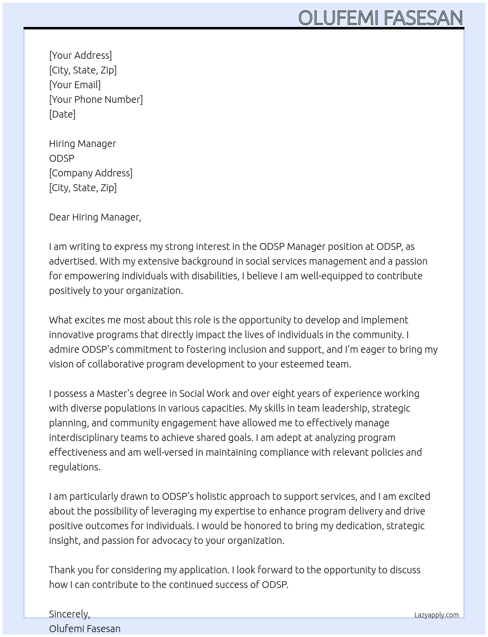 Cover letter for odsp manager - LazyApply
