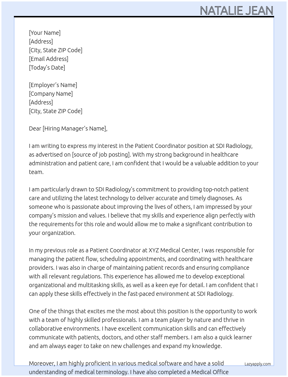 Cover letter for patient coordinator - LazyApply