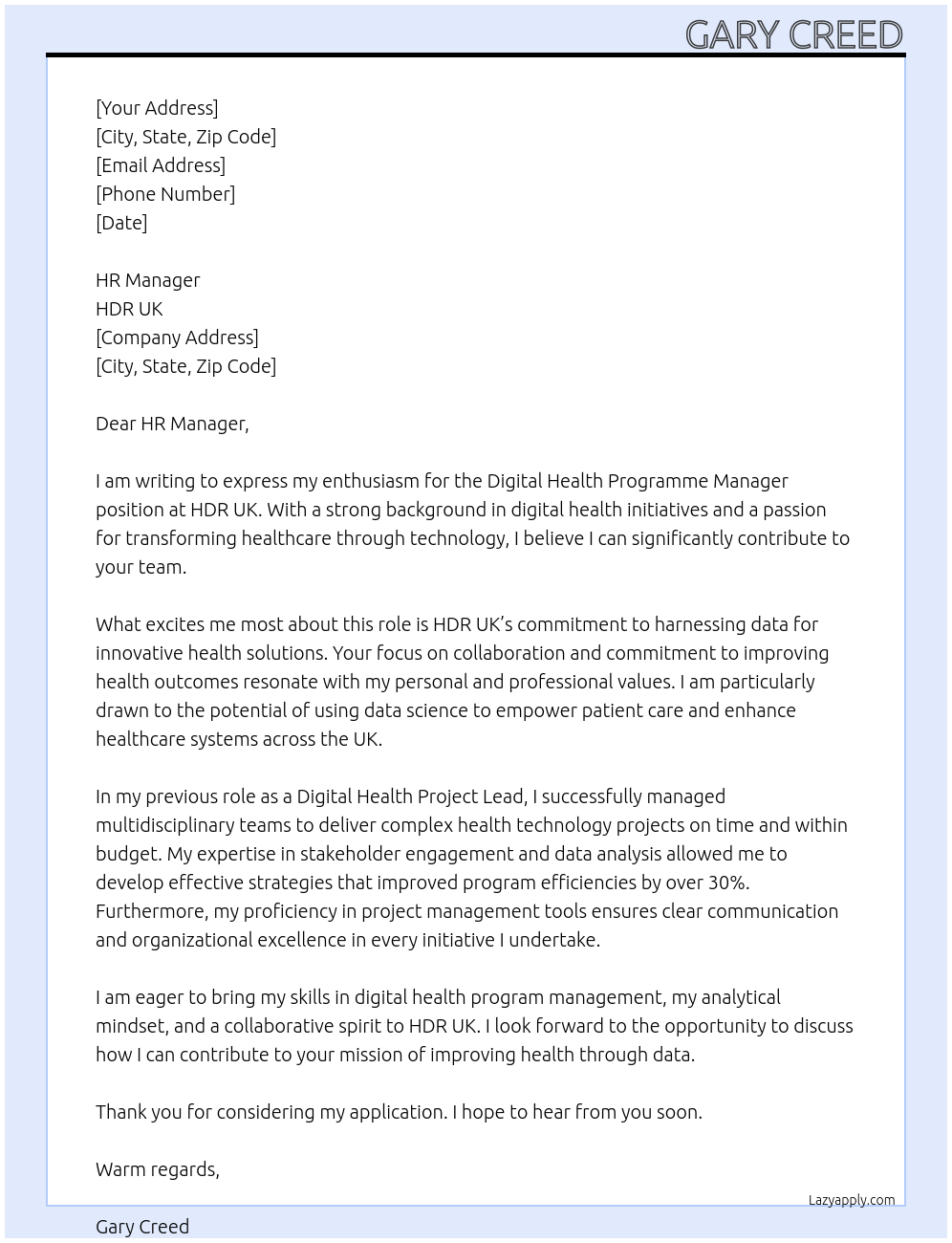 Cover letter for digital health programme manager - LazyApply