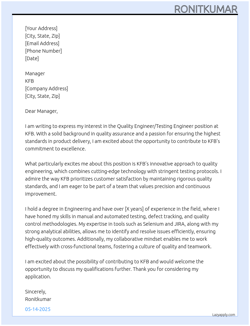 Cover letter for quality engineer,testing enginneer - LazyApply