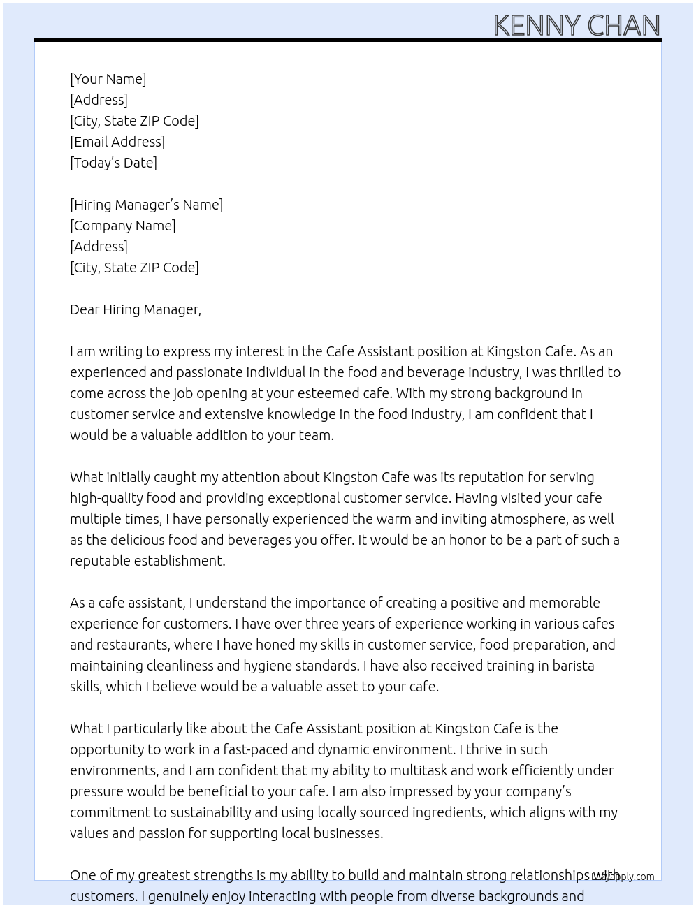 Cover letter for cafe assistant - LazyApply