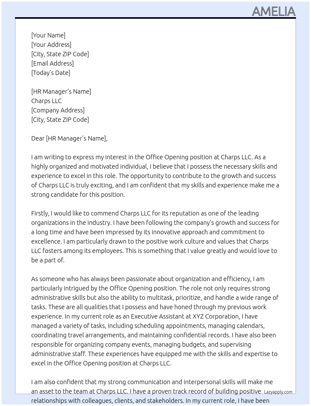 Cover letter for office opening - LazyApply