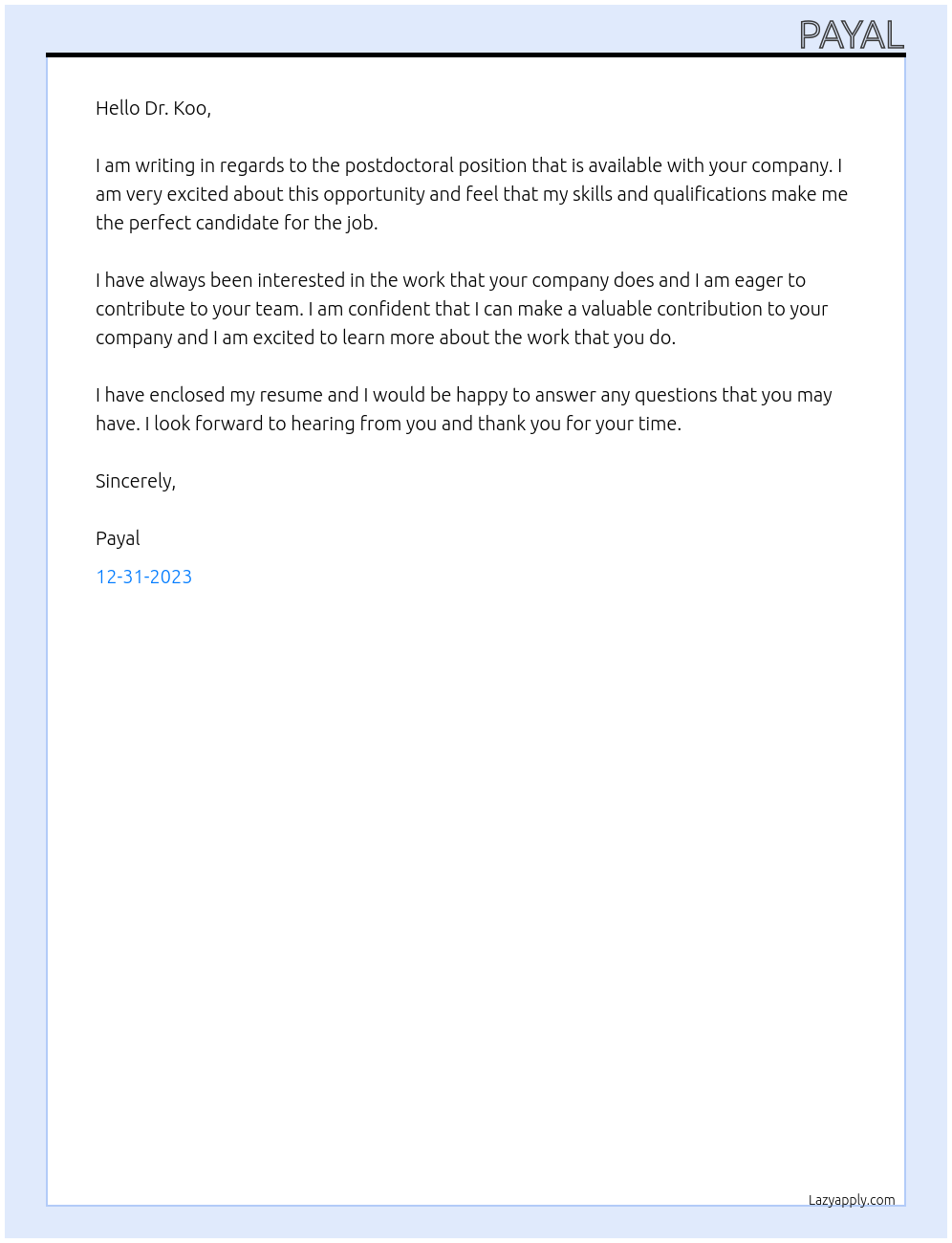 Cover letter for post doctoral - LazyApply