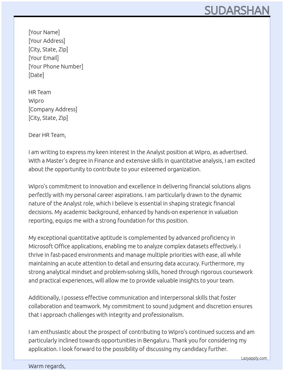 Cover letter for analyst - LazyApply