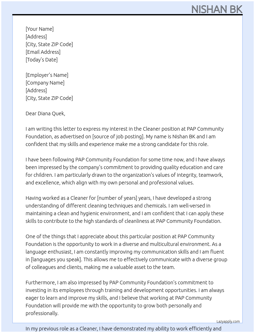 Cover letter for cleaner - LazyApply